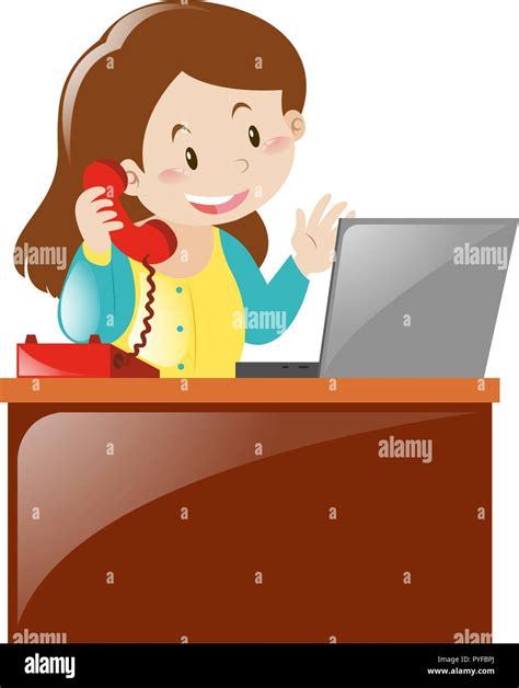 Woman Working On Computer At Desk Illustration Stock Vector Image Art Alamy