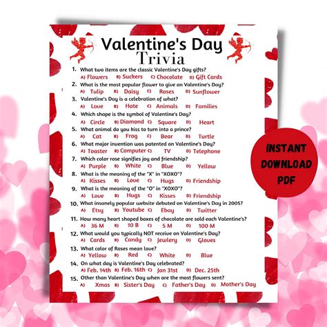 Valentines Day Printable Trivia Game Valentines Day Instant Download Multiple Choice