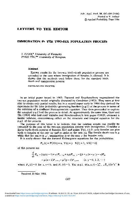 Pdf Immigration In The Two Sex Population Process