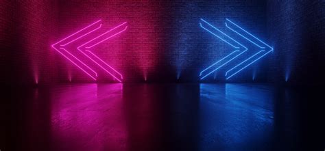 네온 빛나는 보라색 파란색 창고 지하 차고 터널 복도 화살표 모양의 조명 포인터 스튜디오 클럽 댄스 콘크리트 벽돌 벽 빈 3d 렌더링 0명에 대한 스톡 사진 및 기타 이미지