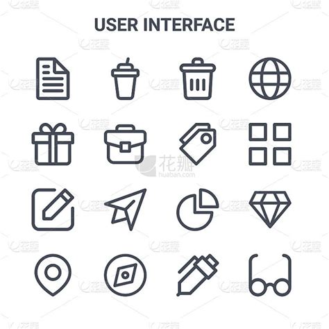 一组16个用户界面概念向量线图标。如咖啡，礼物，应用程序，饼图，指南针，眼镜，钢笔，标签，地球仪等图素材 花瓣网