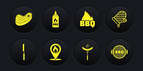 세트 바베큐 나이프 오븐 장갑 화재 불꽃위치 포크 소시지 케첩 병 그릴 스테이크 고기 아이콘 벡터 검은색에 대한 스톡 벡터 아트 및 기타 이미지 Istock