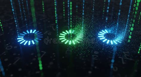 Digital World With Glowing Rings And Falling Binary Code Streams Stock