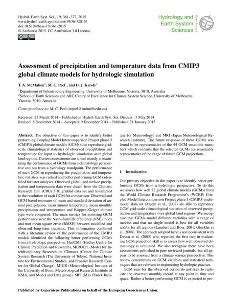 Pdf Assessment Of Precipitation And Temperature Data From Cmip3 Global Climate Models For