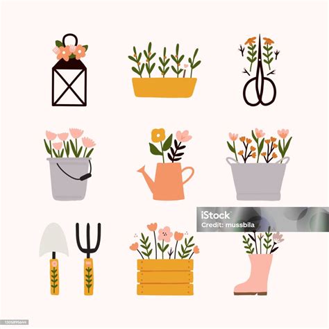 다양한 정원 요소 귀여운 꽃 등불 냄비 가위 양동이 가게 급수 캔 빈티지 양동이 스페이드 피치 포크 나무 상자 비 부팅 및 꽃 그림과 봄 컬렉션 꽃 식물에 대한 스톡 벡터