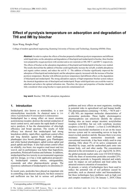 Pdf Effect Of Pyrolysis Temperature On Adsorption And Degradation Of Thi And Imi By Biochar