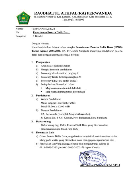 Surat Pemberitahuan Ppdb Ra Perwanida Tahun 2025 2026 Pdf