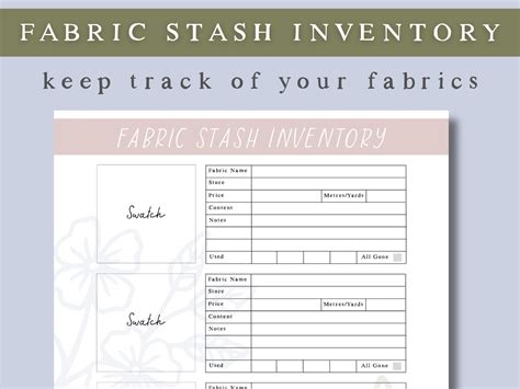 Sewing Fabric Stash Inventory Pdf Printable Sheet A4 And Letter Size Etsy