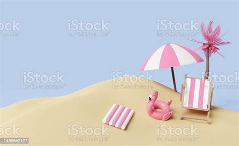 해변 의자 우산 풍선 플라밍고 고무 뗏목 코코넛 나무 고립된 풍경 배경 개념 3d 그림 또는 3d 렌더링이 있는 여름 바다 해변 3차원 형태에 대한 스톡 사진 및 기타
