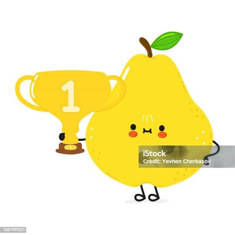 귀여운 재미있는 배 홀드 골드 트로피 컵 벡터 핸드 그린 만화 가와이 캐릭터 일러스트 아이콘 흰색 배경에 격리 우승자 트로피 컵을 곁들인 배 개념에 대한 스톡 벡터 아트 및