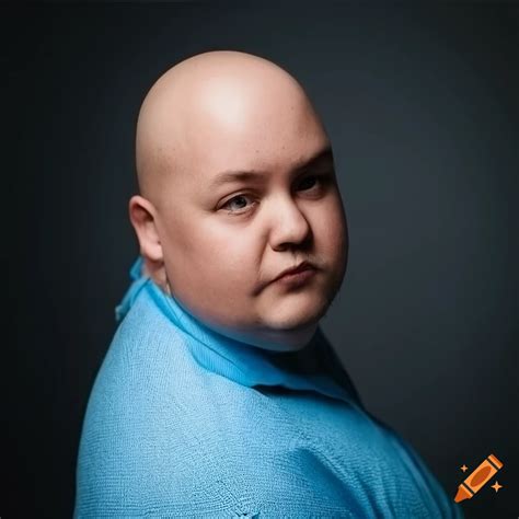 Photo Portrait Of A Confident A Chubby Bald Man In A Stylish Blue Shirt