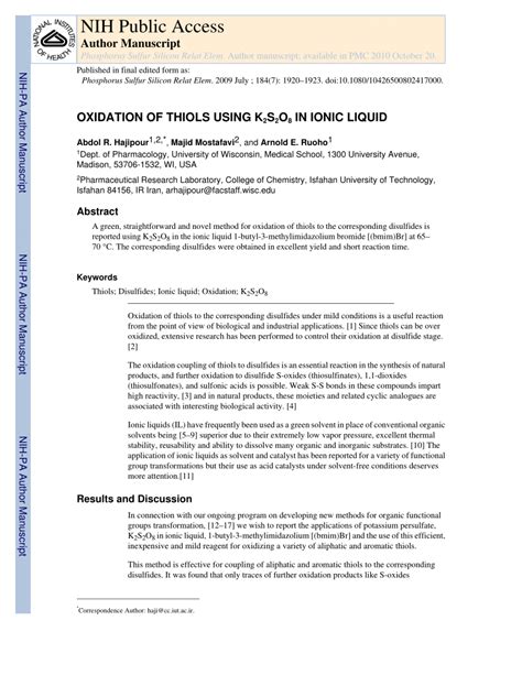 Pdf Oxidation Of Thiols Using K2s2o8 In Ionic Liquid