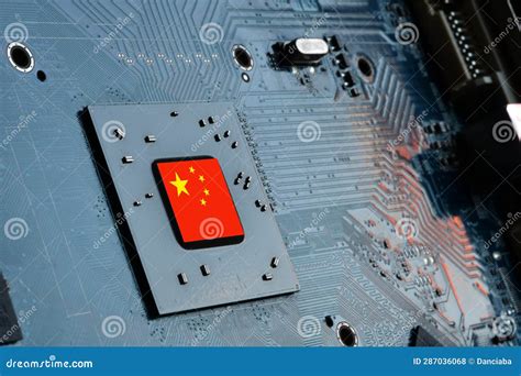 China Flag On A Processor Central Processing Unit CPU Or GPU Microchip On A Motherboard Or