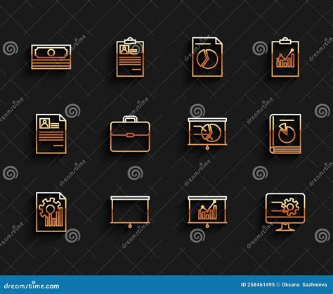 Set Line Document With Graph Chart Chalkboard Stacks Paper Money Cash