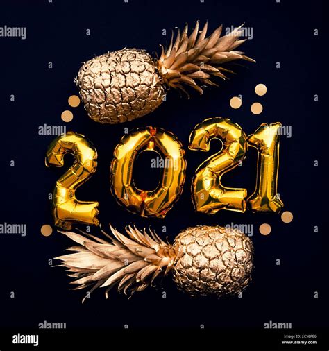 Happy New Year 2021 Gold Foil Balloon And Pineapple Celebration