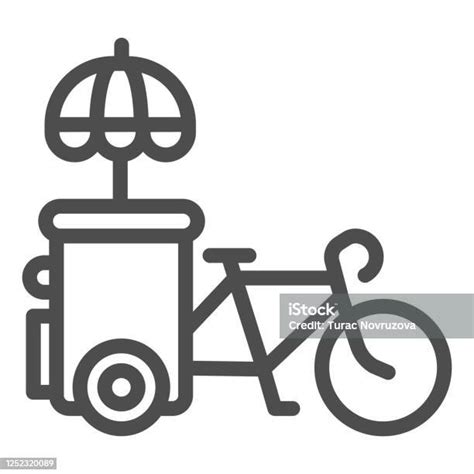 자전거 스톨 라인 아이콘 스트리트 푸드 컨셉 화이트 배경의 아이스크림 자전거 카트 사인 모바일 및 웹을 위한 윤곽 선보이는 파라솔 선쉐이드 아이콘이 있는 자동 판매장 벡터