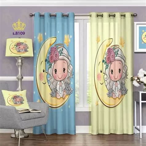 خرید و قیمت پرده اتاق کودک دو قواره پانچ آماده طرح دختر و ماه زرد آبی