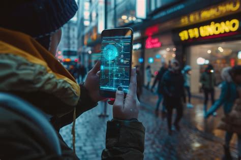 a person walks through a city street at night holding a smartphone displaying a digital map they