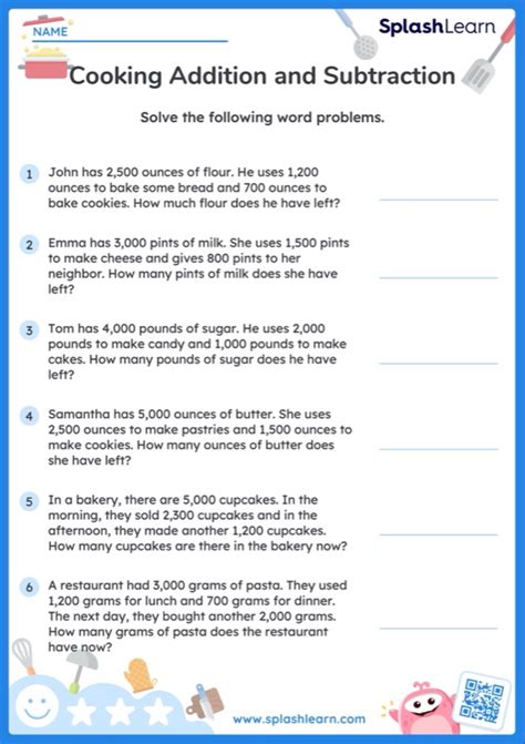 Add And Subtract Within 10000 Cooking Word Problems Worksheet