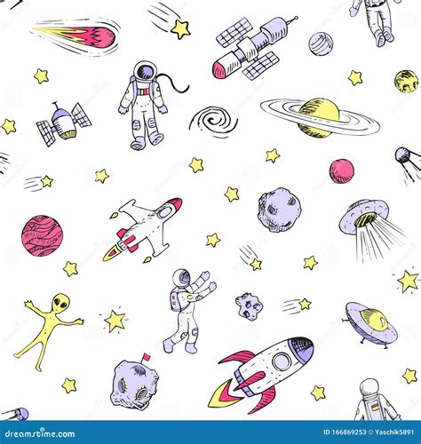 Seamless Pattern With Space Objects Space Ships Rocket Planets Flying Saucers Astronauts