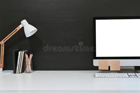 Workspace Blank Screen Desktop Computer Mockup Computer Lamp And Home