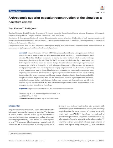 Pdf Arthroscopic Superior Capsular Reconstruction Of The Shoulder A Narrative Review