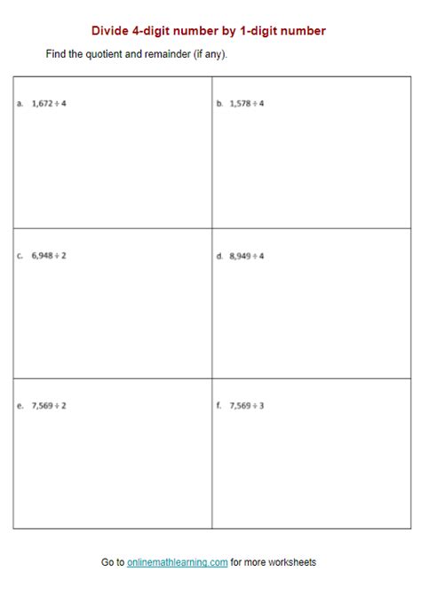 Divide 4 Digit By 1 Digit Worksheets Answers Printable Online Grade 3