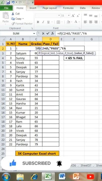 pass fail formula in excel shorts excel exceltutorial youtube