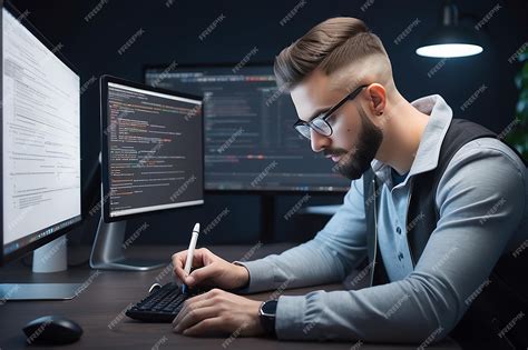 Professional Programmer Engineer Writing Code Premium Ai Generated Image