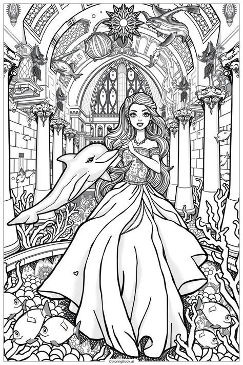 마법의 바다에서 돌고래와 함께하는 바비 색칠하기 페이지 무료 Pdfandpng 인쇄 가능