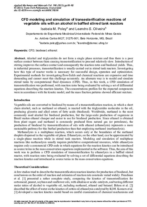 Pdf Cfd Modeling And Simulation Of Transesterification Reactions Of Vegetable Oils With An