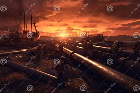 Workers Installing Pipeline Sunset Generate Ai Stock Illustration