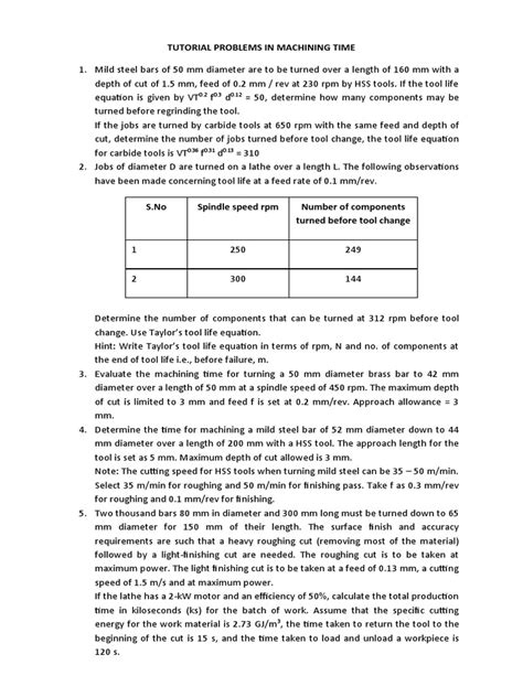Tutorial Problems In Machining Time Pdf Machining Crafts
