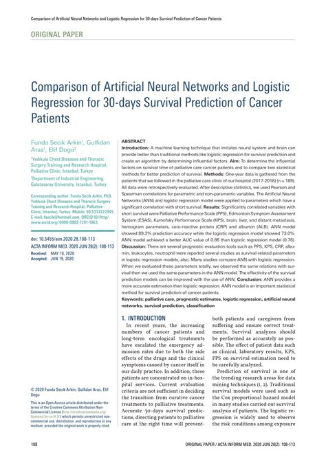 Pdf Comparison Of Artificial Neural Networks And Logistic Regression For 30 Days Survival