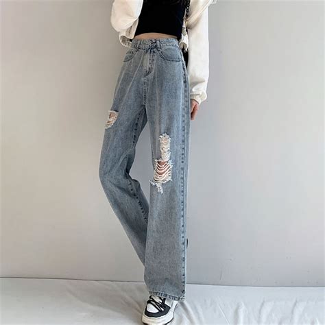 Badu Bg Пролет Есен Дамски скъсани дънки с висока талия Свободни прави панталони Панталони с