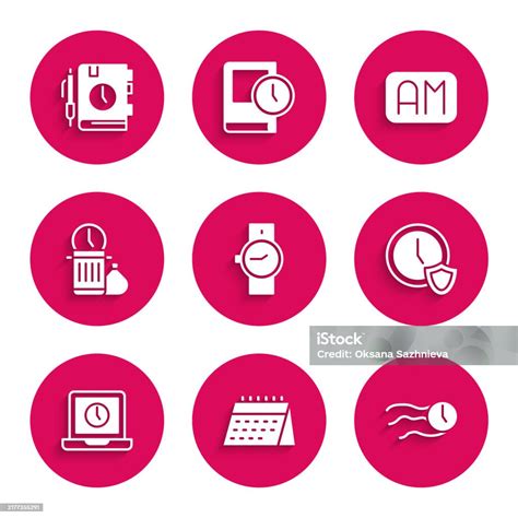 손목 시계 달력 시계에 시간이 흐른다 방패가 있는 시계 노트북 시간 낭비 아침 및 일일 종이 메모장 아이콘을 설정합니다 벡터 2 위 상 종류에 대한 스톡 벡터 아트 및 기타