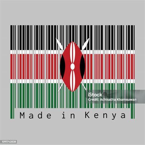 바코드 케냐 국기 검은 흰색 빨간색과 빨간색 뒤에 2 개의 교차 흰색 스피어스와 녹색의 색상을 설정 하 고 검은 마사 이족 방패 가격에 대한 스톡 벡터 아트 및 기타 이미지