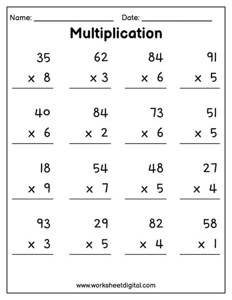 Printable Multiplication Worksheets 2 Digit X 1 Digit Pdf Etsy