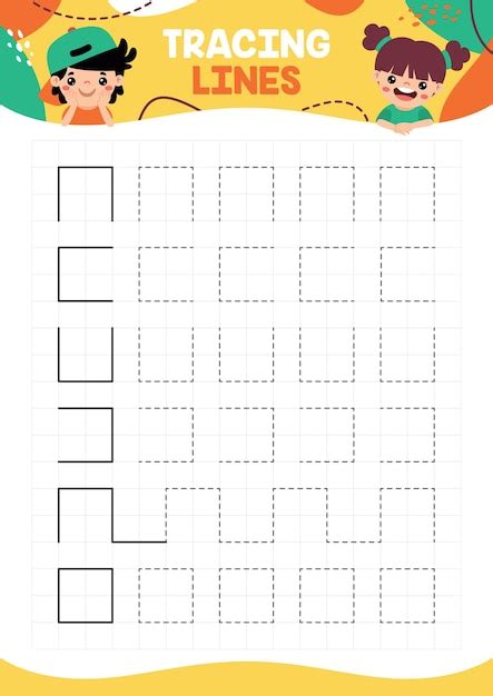 어린이를 위한 선 따라 그리기 연습 워크시트 프리미엄 벡터
