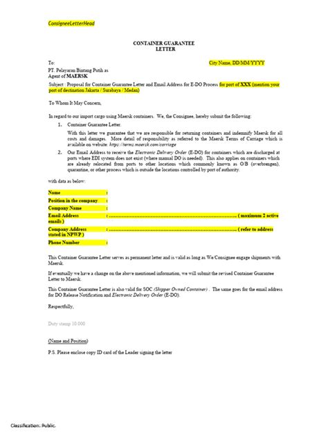 Maersk Container Guarantee Permanent Letter Pdf Supply Chain
