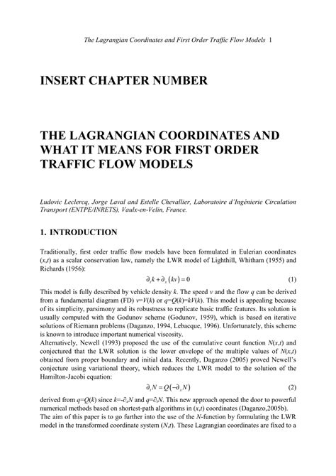 Pdf The Lagrangian Coordinates And What It Means For First Order Traffic Flow Models