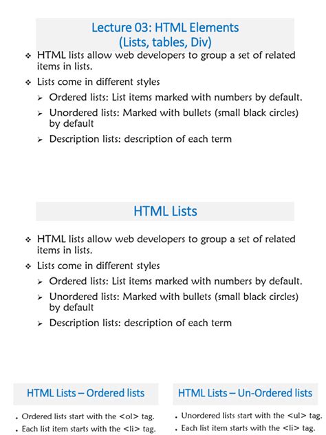 Lecture 03 Html Elements Lists Tables And Div Pdf Html Element Html