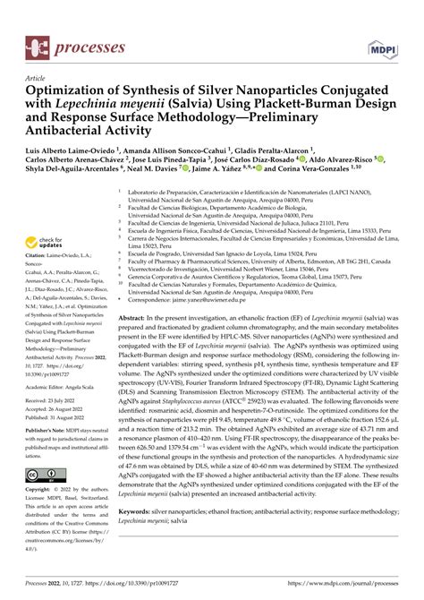 Pdf Optimization Of Synthesis Of Silver Nanoparticles Conjugated With Lepechinia Meyenii