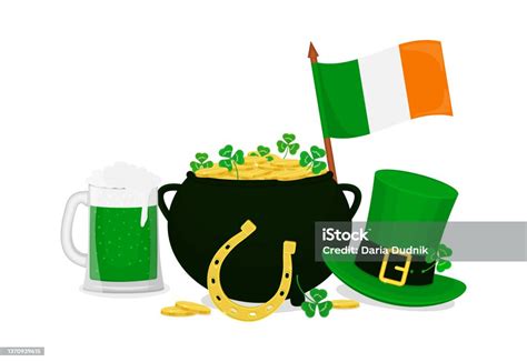 패트릭의 날 요소 세트 레프레펀 모자 아일랜드 국기 세 잎 클로버 동전 냄비 녹색 맥주 황금 말굽 0명에 대한 스톡 벡터 아트 및 기타 이미지 Istock