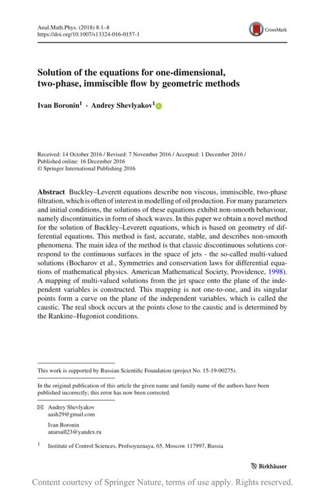 Solution Of The Equations For One Dimensional Two Phase Immiscible Flow By Geometric Methods