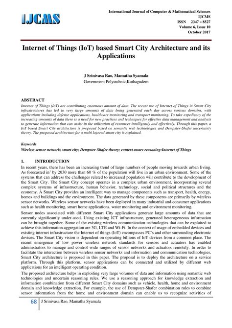 Pdf Internet Of Things Iot Based Smart City Architecture And Its Applications