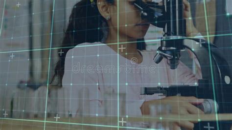 Grid And Data Points Animation Over Girl Using Microscope In Laboratory Stock Video Video Of