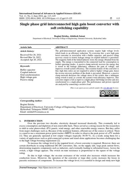 Single Phase Grid Interconnected High Gain Boost Converter With Soft Switching Capability Pdf
