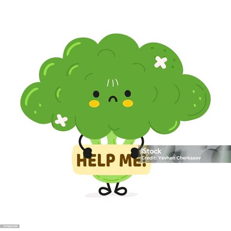 귀여운 슬픈 아픈 브로콜리가 도움 캐릭터를 요청합니다 벡터 손으로 그린 만화 Kawaii 캐릭터 그림 아이콘입니다 흰색 배경에 격리 건강에 해로운 브로콜리 캐릭터 개념을
