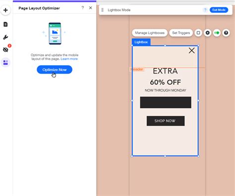 wix editor showing and customizing lightboxes on your mobile site